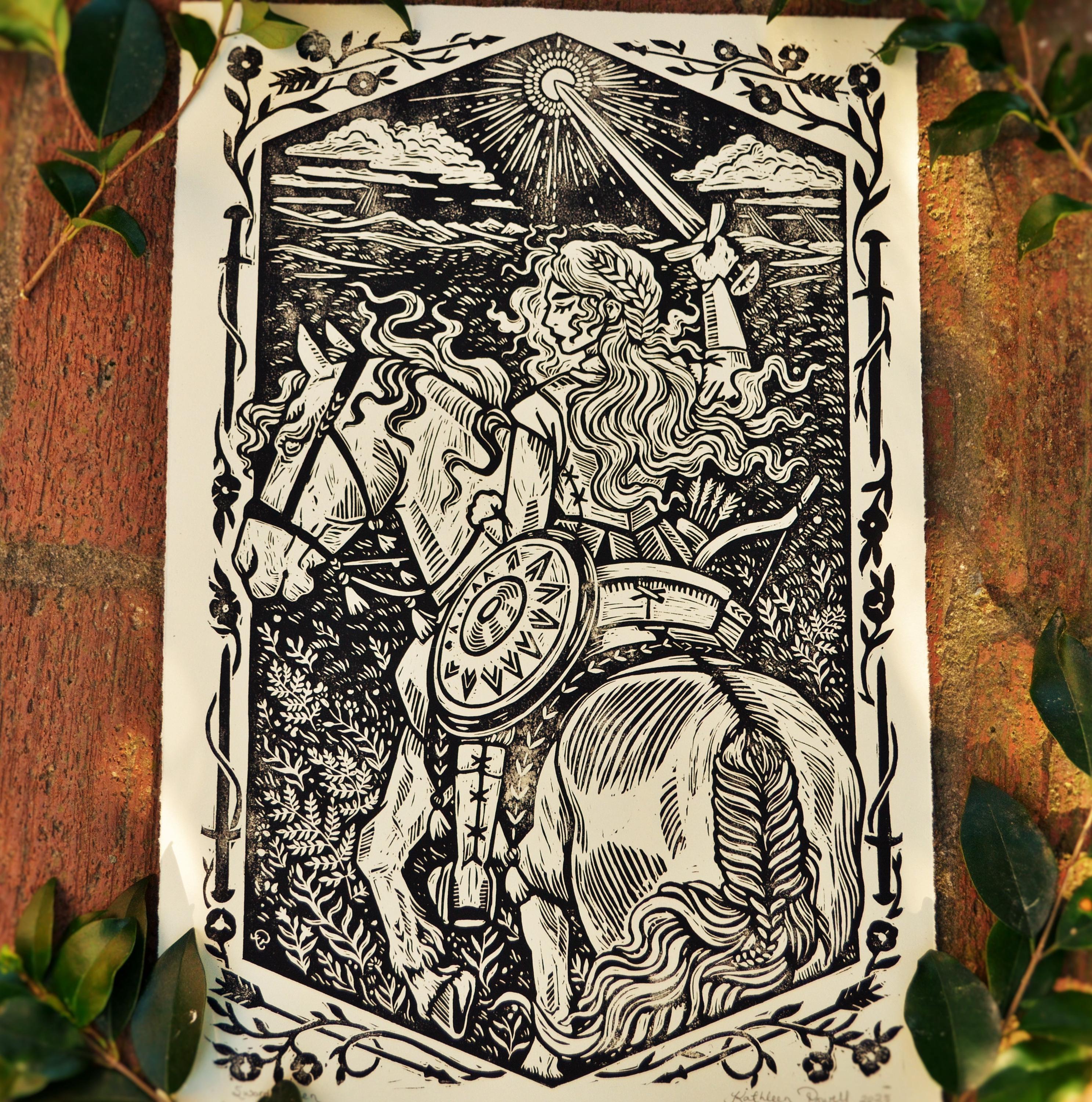 Swordmaiden Block Print - Linocut Art Print - Knightcore - Lady Knight ...
