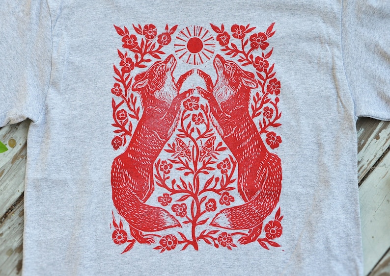 Two Foxes Block Printed Shirt Gildan Unisex Gray - Rustic - Folk Art ...