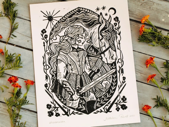 Shield Maiden Linocut Block Print Medieval Art Print - Etsy