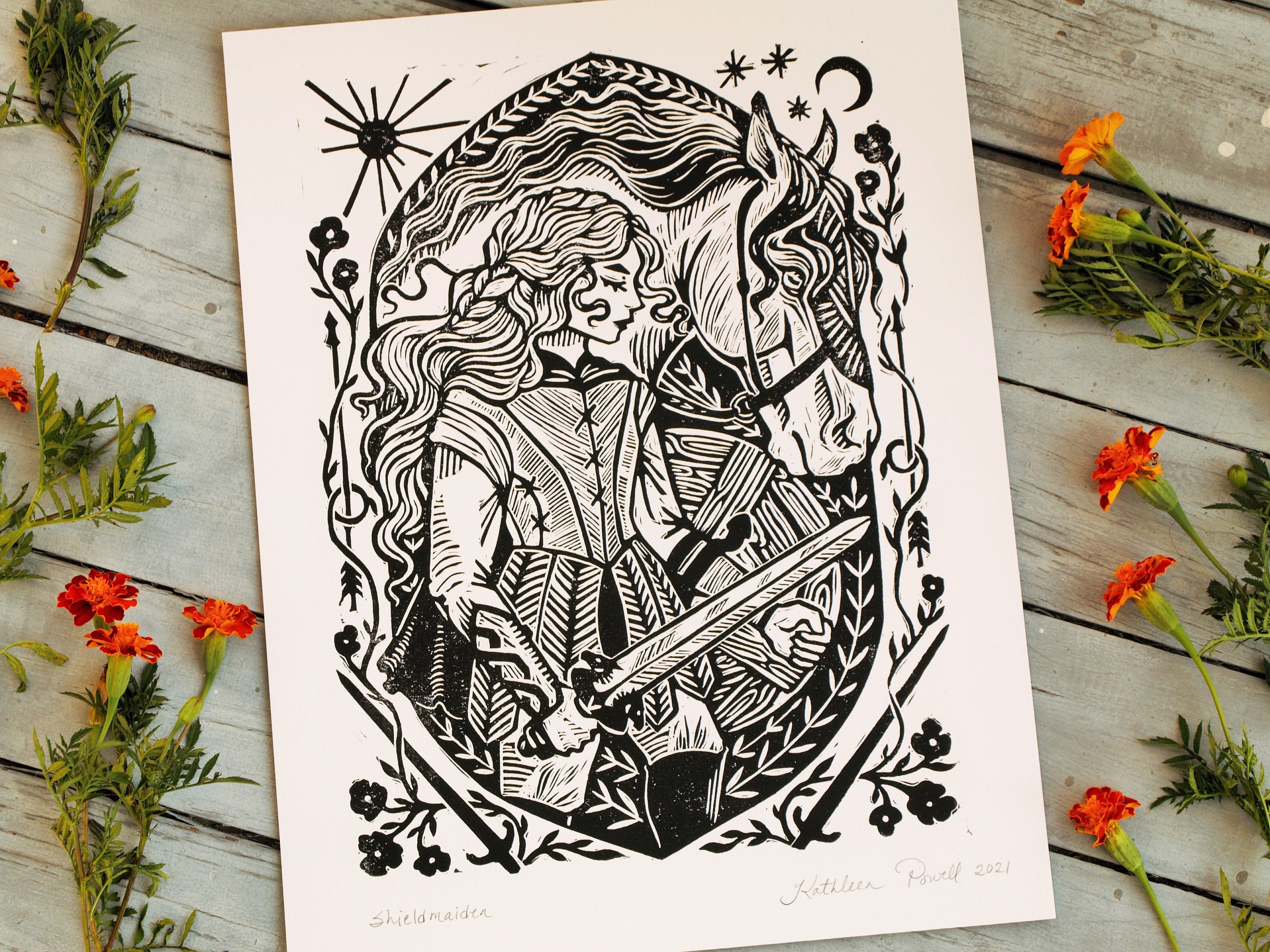 Shield Maiden Linocut Block Print Medieval Art Print - Etsy