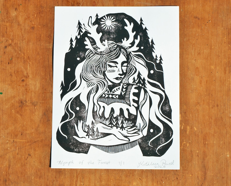 Nymph of the Forest Linocut - Block Print Nymph - Fairy-tale Art ...