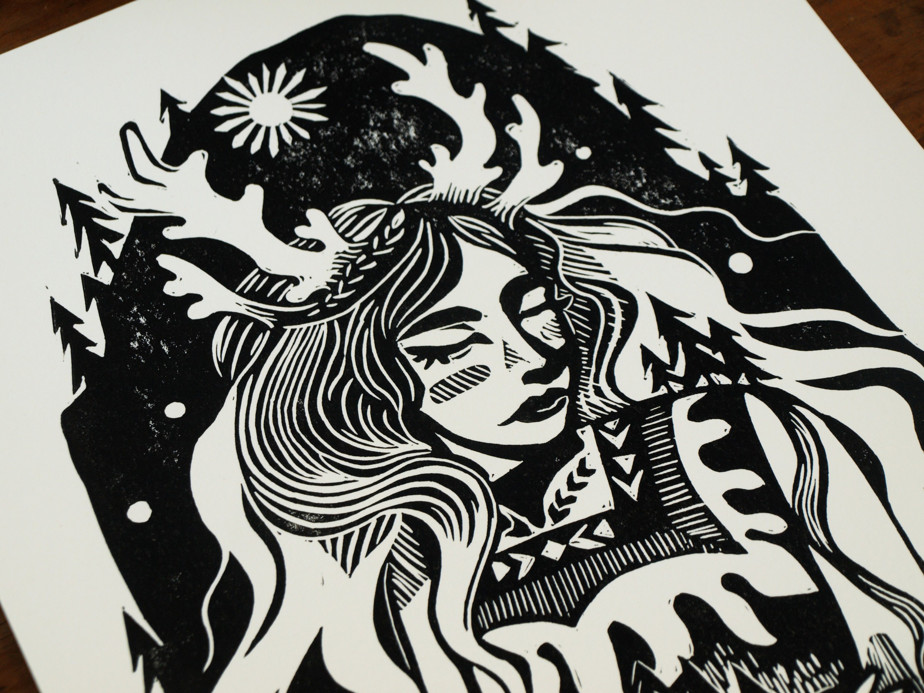 Nymph of the Forest Linocut - Block Print Nymph - Fairy-tale Art ...