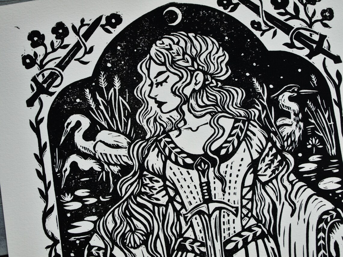 Lady of the Lake Linocut Art Print Block Print Arthurian | Etsy