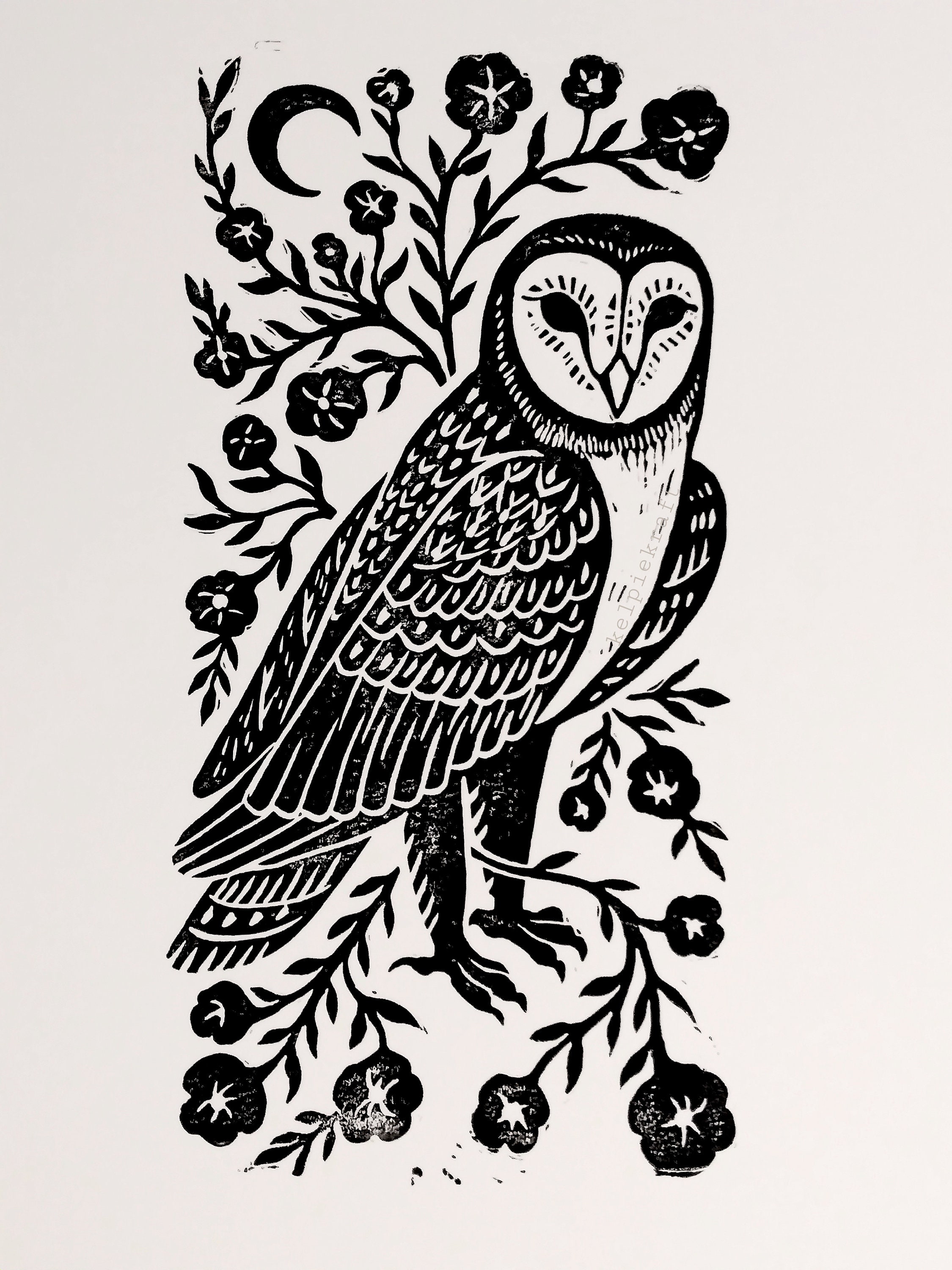 Owl Blossom Block Print - Rustic Owl Art - Artist Print - Etsy