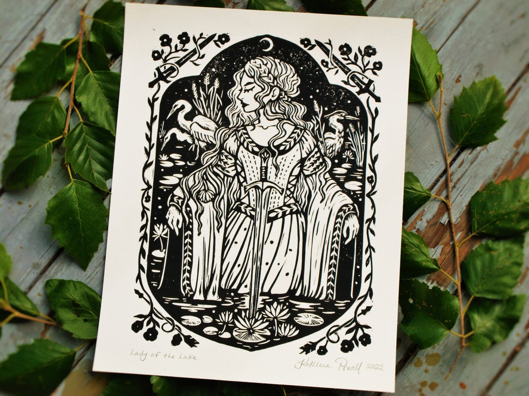 Lady of the Lake - Linocut Art Print - Block Print - Arthurian Legend ...