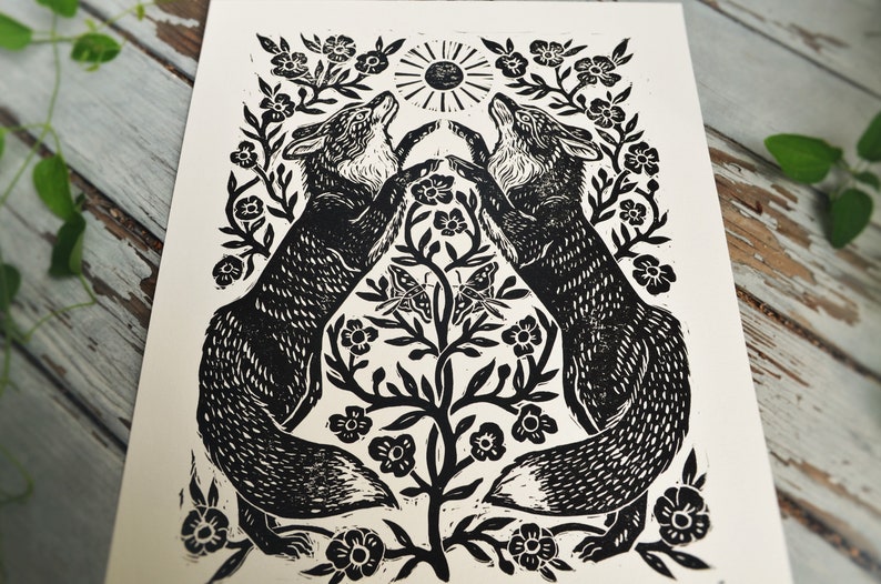 Two Foxes Linocut Block Print - Rustic Art - Folk Art - Woodland - Fox ...