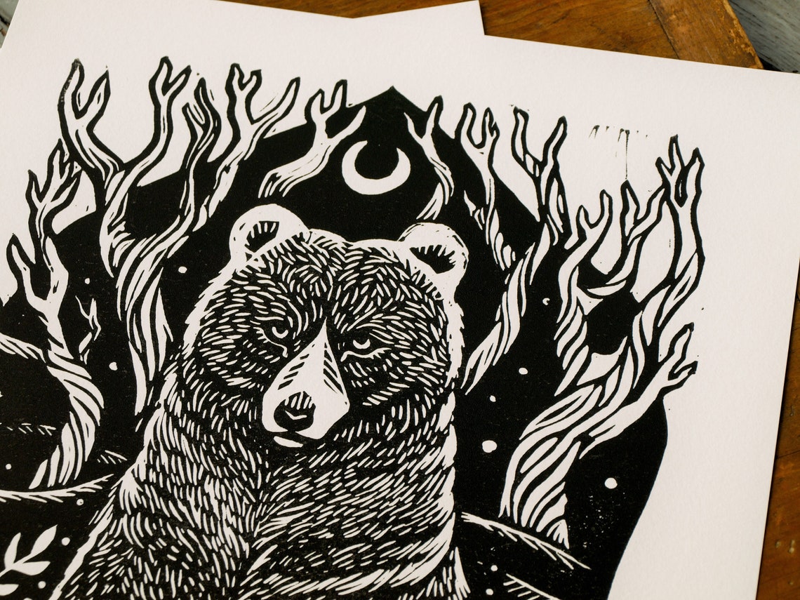 Bearwood Linocut Block Print - Artist Print - Rustic Bear Illustration ...