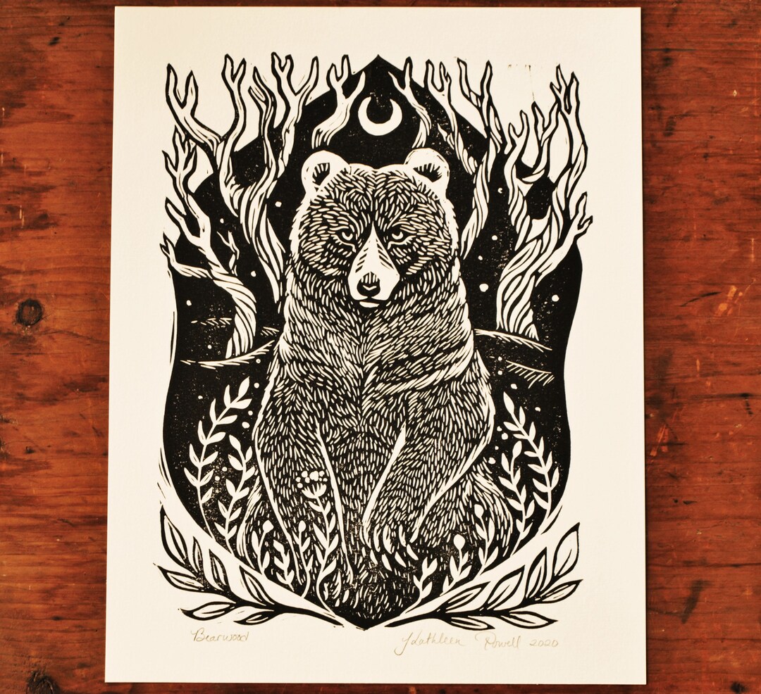 Bearwood Linocut Block Print - Artist Print - Rustic Bear Illustration ...