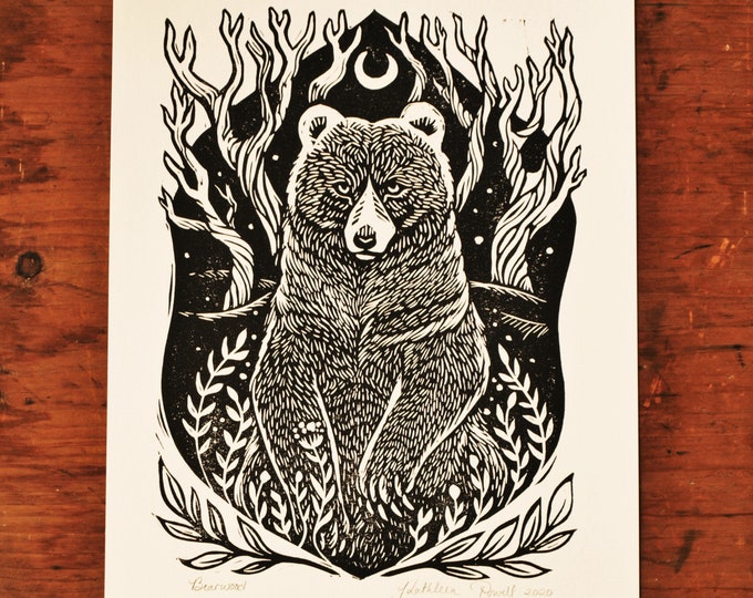 Bearwood Linocut Block Print Artist Print Rustic Bear Illustration ...