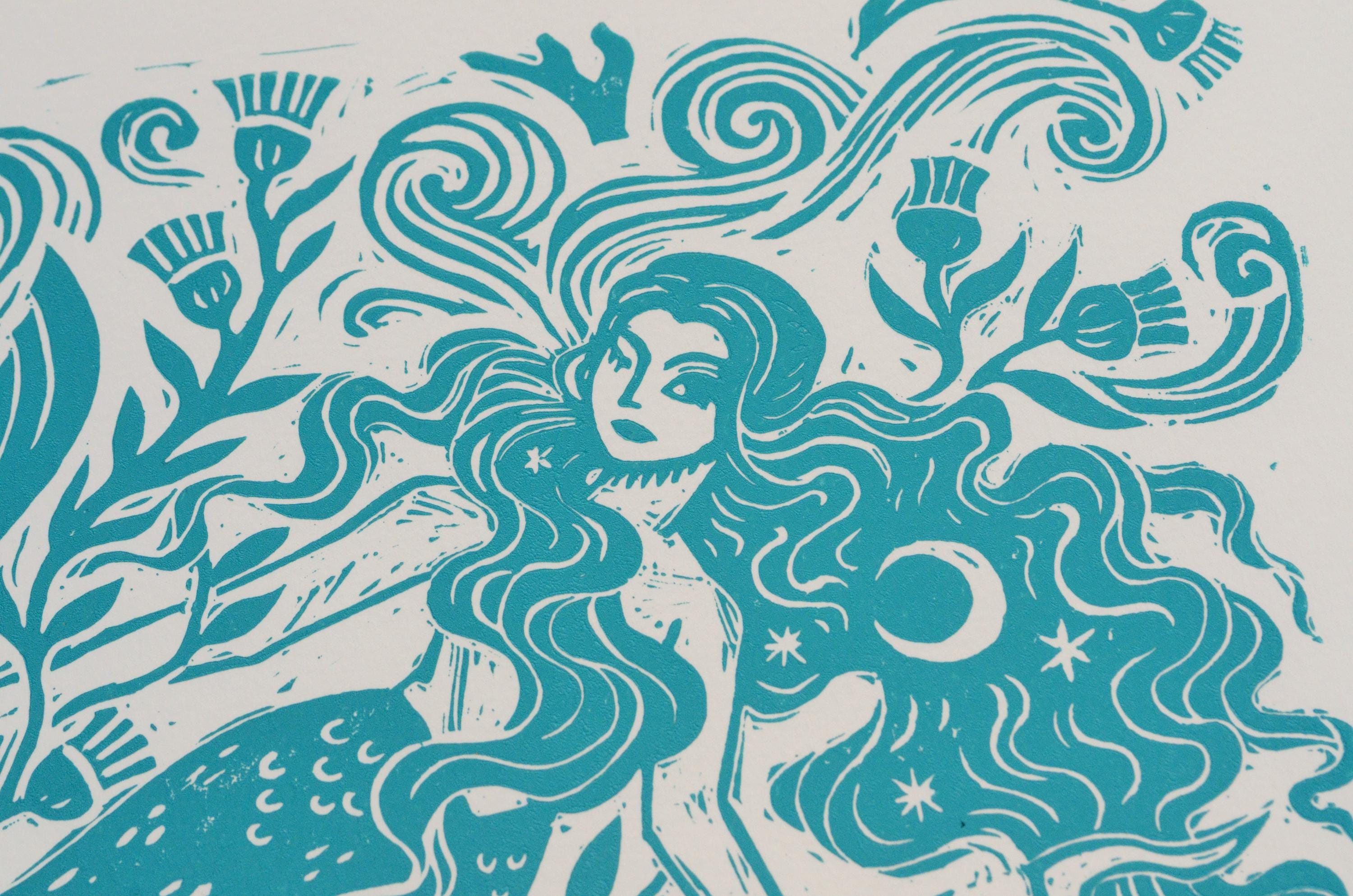 Mermaid Lore Block Print, Art Print, Mermaid Illustration, Rustic Beach ...