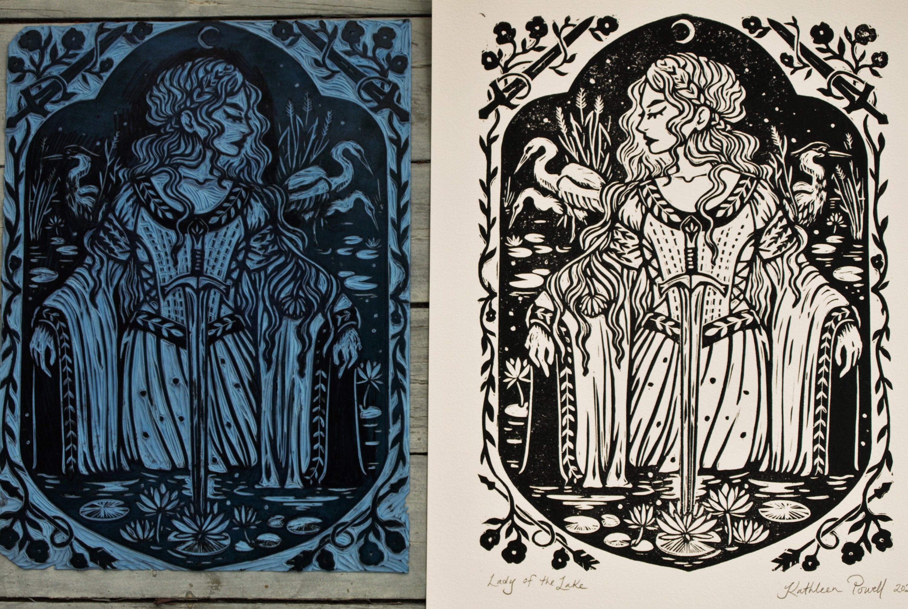 Lady of the Lake - Linocut Art Print - Block Print - Arthurian Legend ...