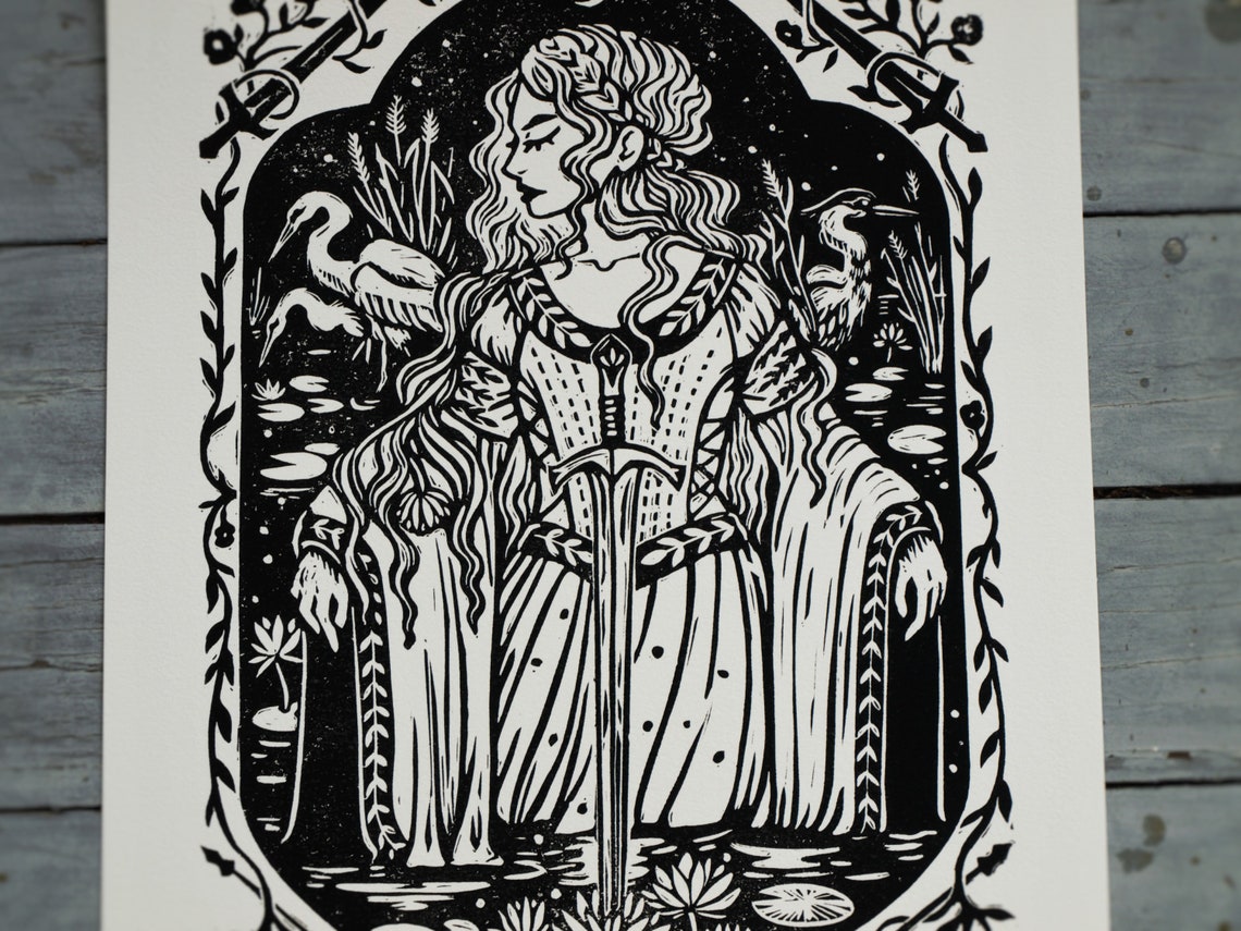Lady of the Lake Linocut Art Print Block Print Arthurian | Etsy