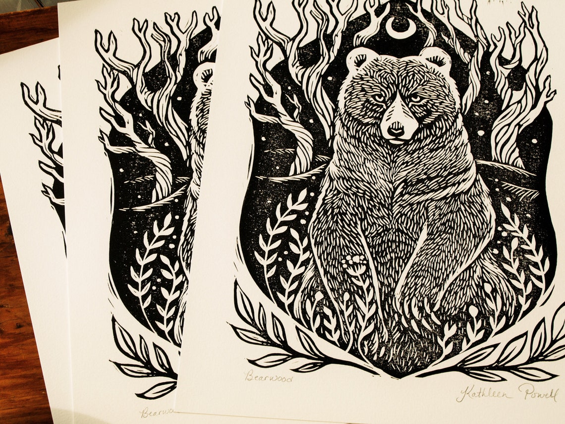 Bearwood Linocut Block Print - Artist Print - Rustic Bear Illustration ...