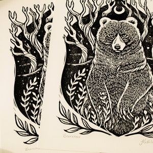 Bearwood Linocut Block Print - Artist Print - Rustic Bear Illustration ...