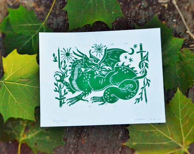 Dragon Lore Art Print Block Printed Linoprint Celtic Medieval Art ...