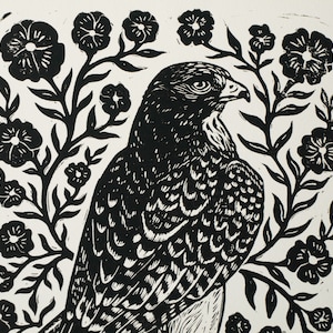 Hawk Blossom Block Print - Rustic Art - Linoprint - Linocut Print ...
