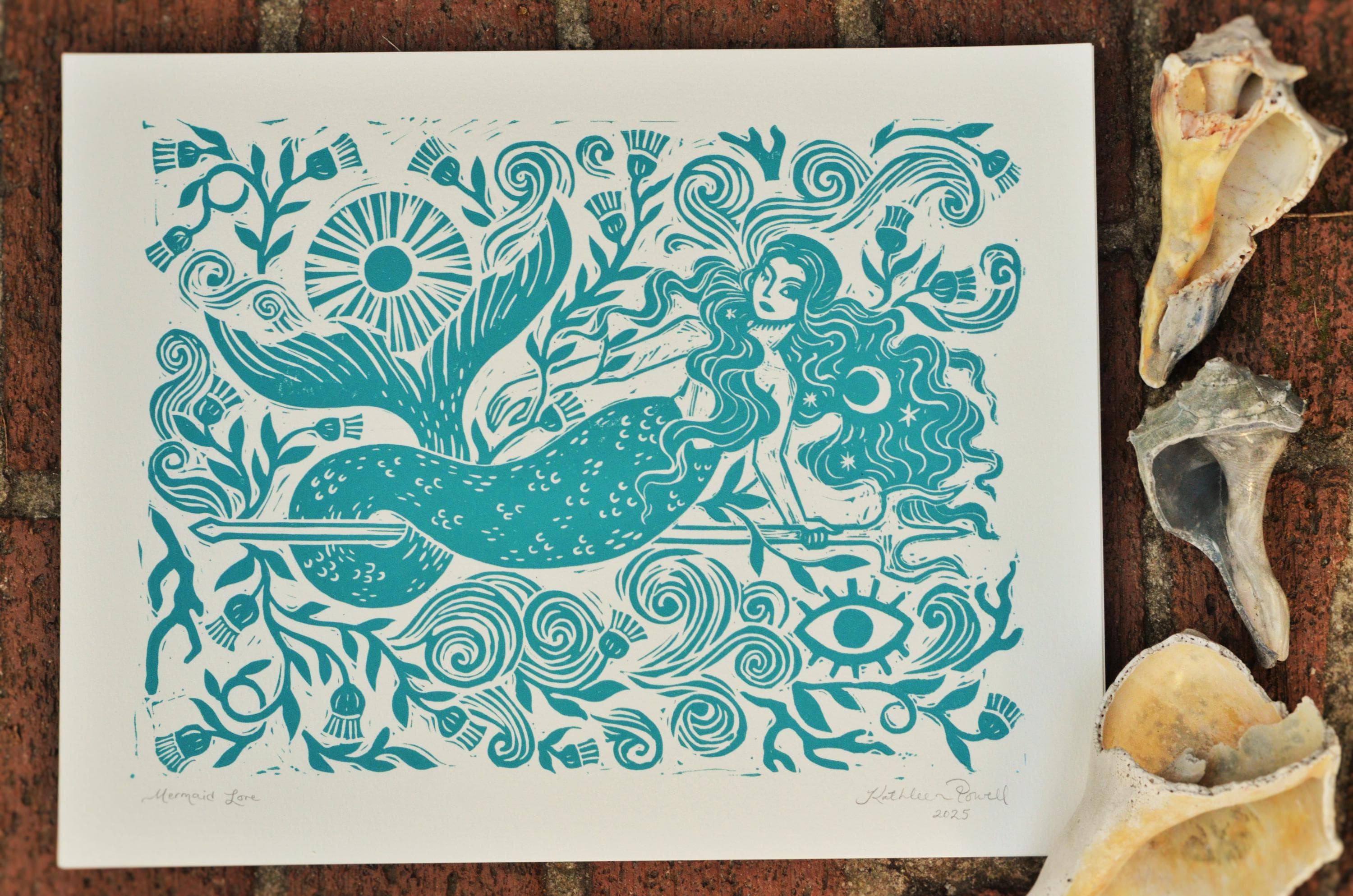 Mermaid Lore Block Print, Art Print, Mermaid Illustration, Rustic Beach ...