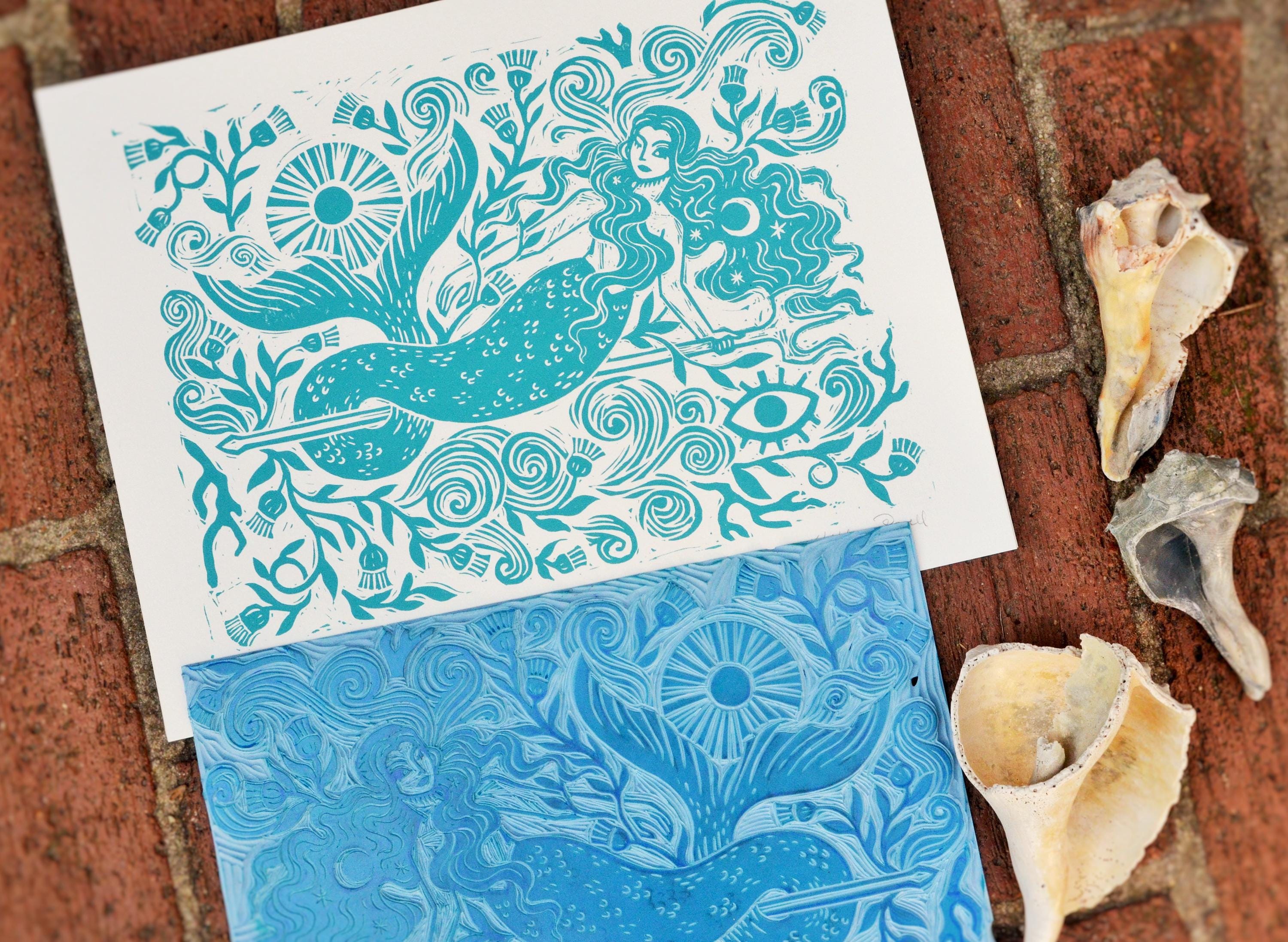 Mermaid Lore Block Print, Art Print, Mermaid Illustration, Rustic Beach ...