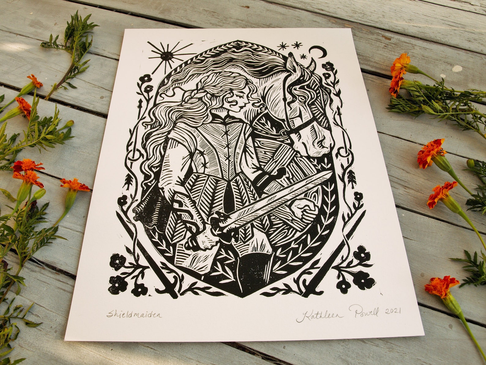 Shield Maiden Linocut Block Print Medieval Art Print - Etsy