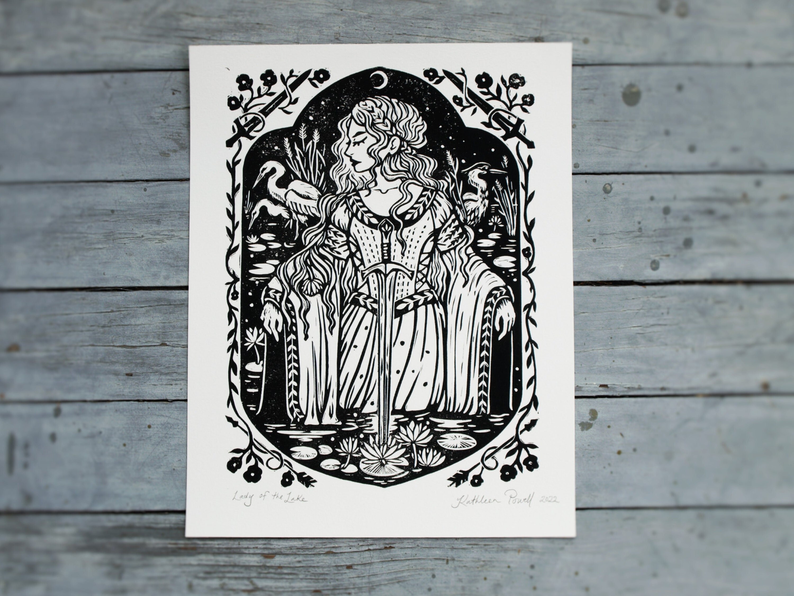 Lady of the Lake - Linocut Art Print - Block Print - Arthurian Legend ...