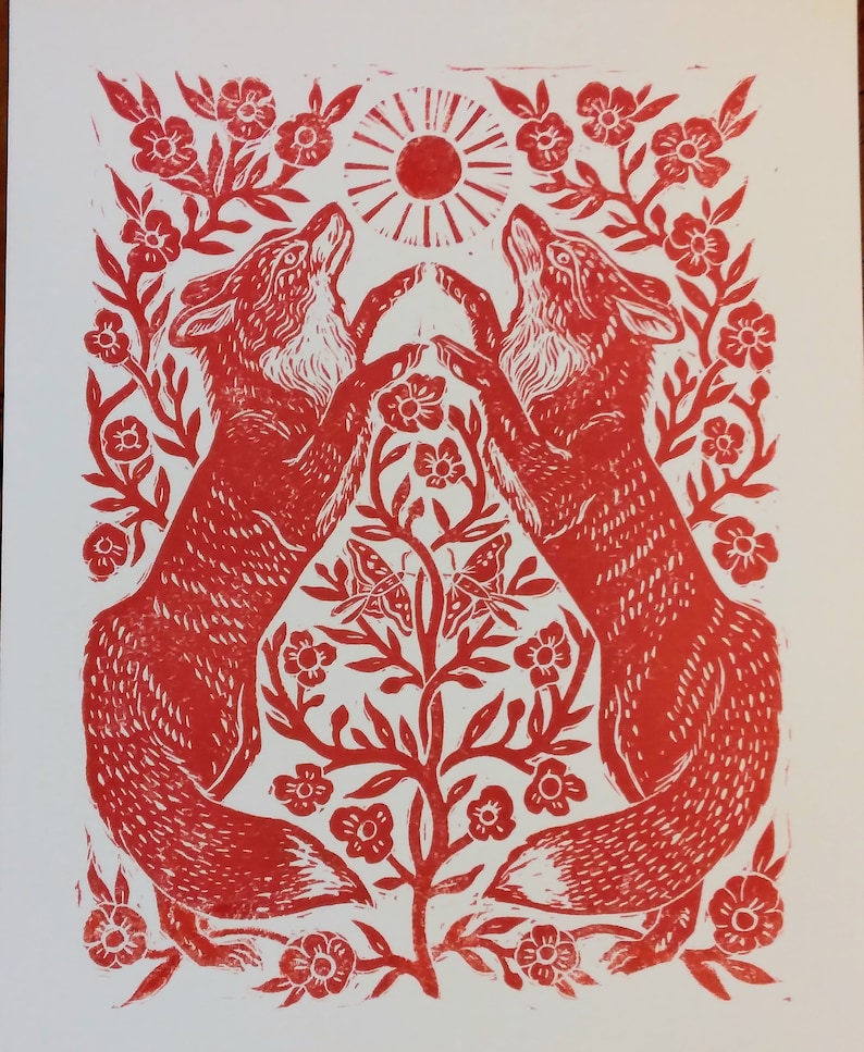 Two Foxes Linocut Block Print - Rustic Art - Folk Art - Woodland - Fox ...