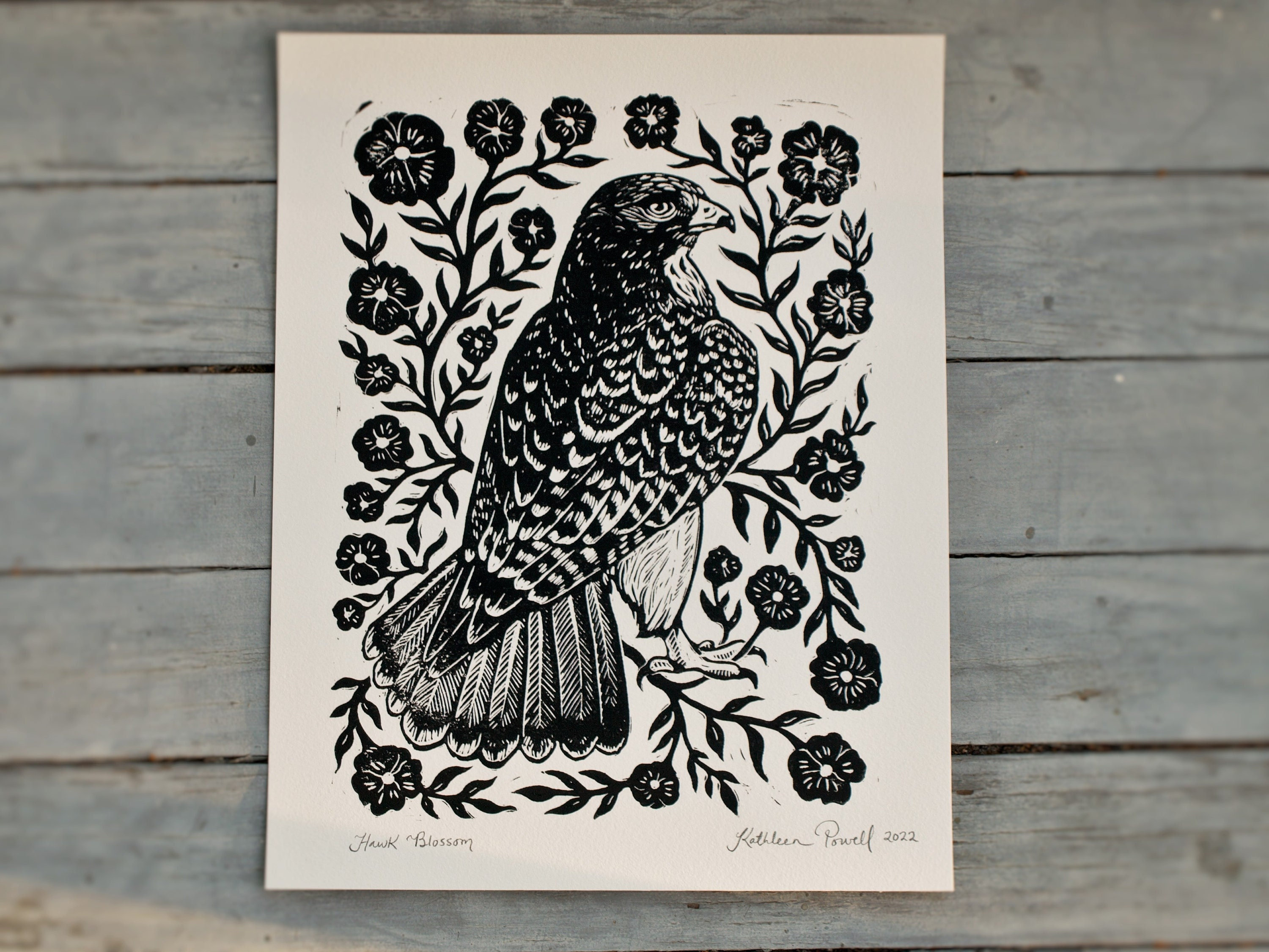 Hawk Blossom Block Print Rustic Art Linoprint Linocut - Etsy
