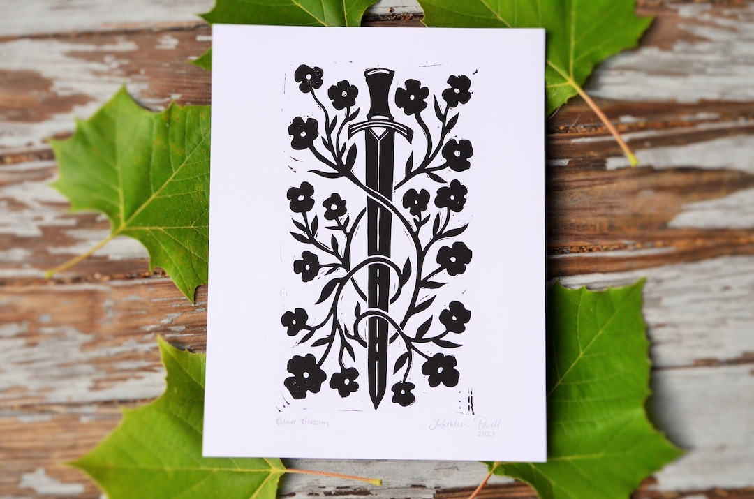 Blade Blossom Linocut Print - Sword Art - Rustic Folk Art - Medieval ...