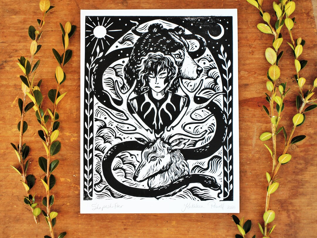 Shapeshifter Linocut Print - Block Print - Folklore Illustration ...