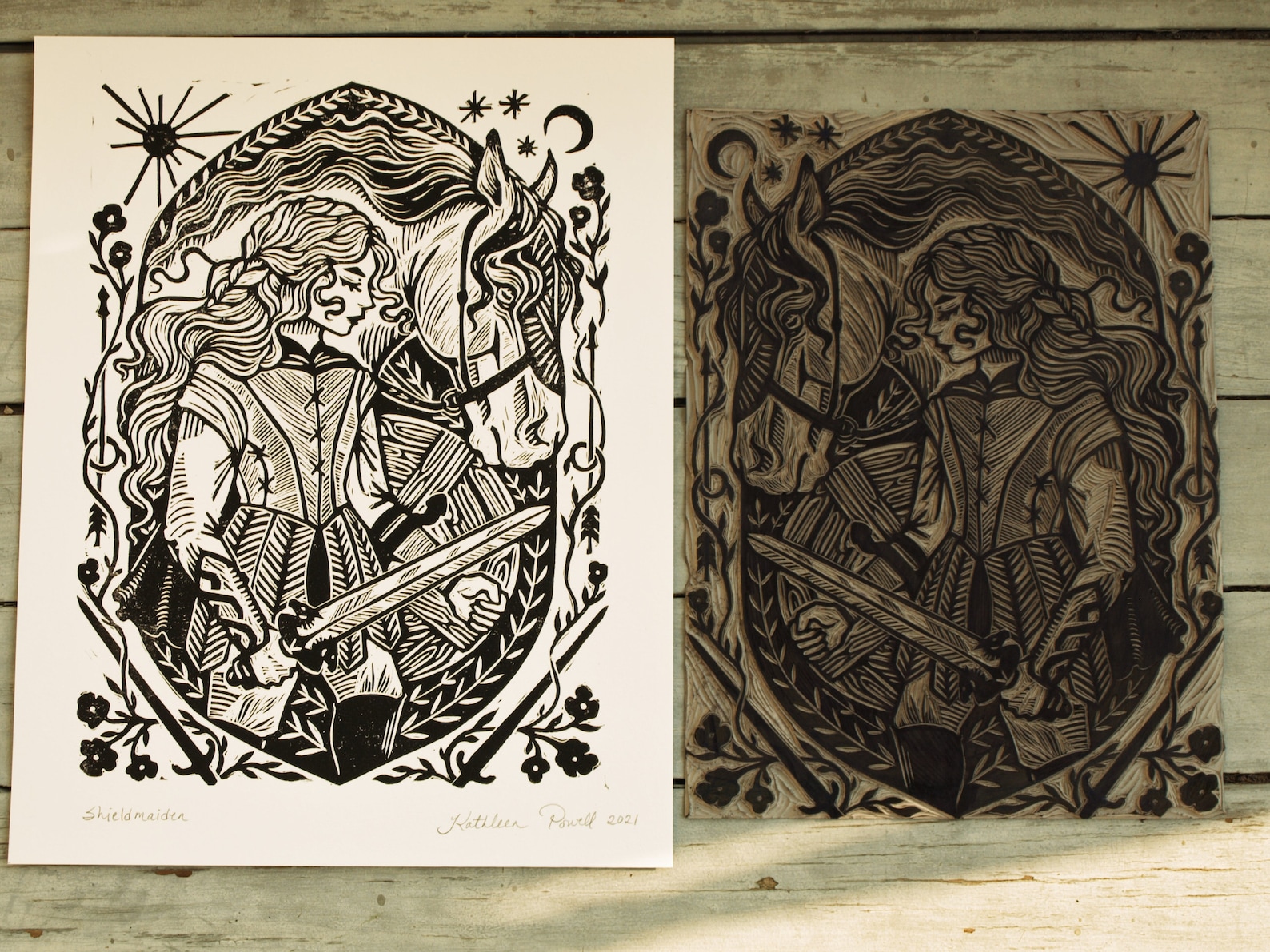 Shield Maiden Linocut Block Print Medieval Art Print - Etsy