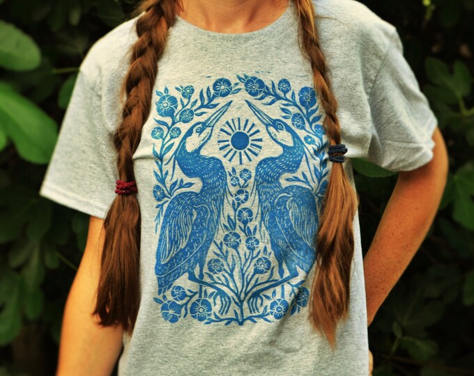 Two Herons Block Printed Shirt Gray Gildan Unisex Shirt Boho Hippie ...