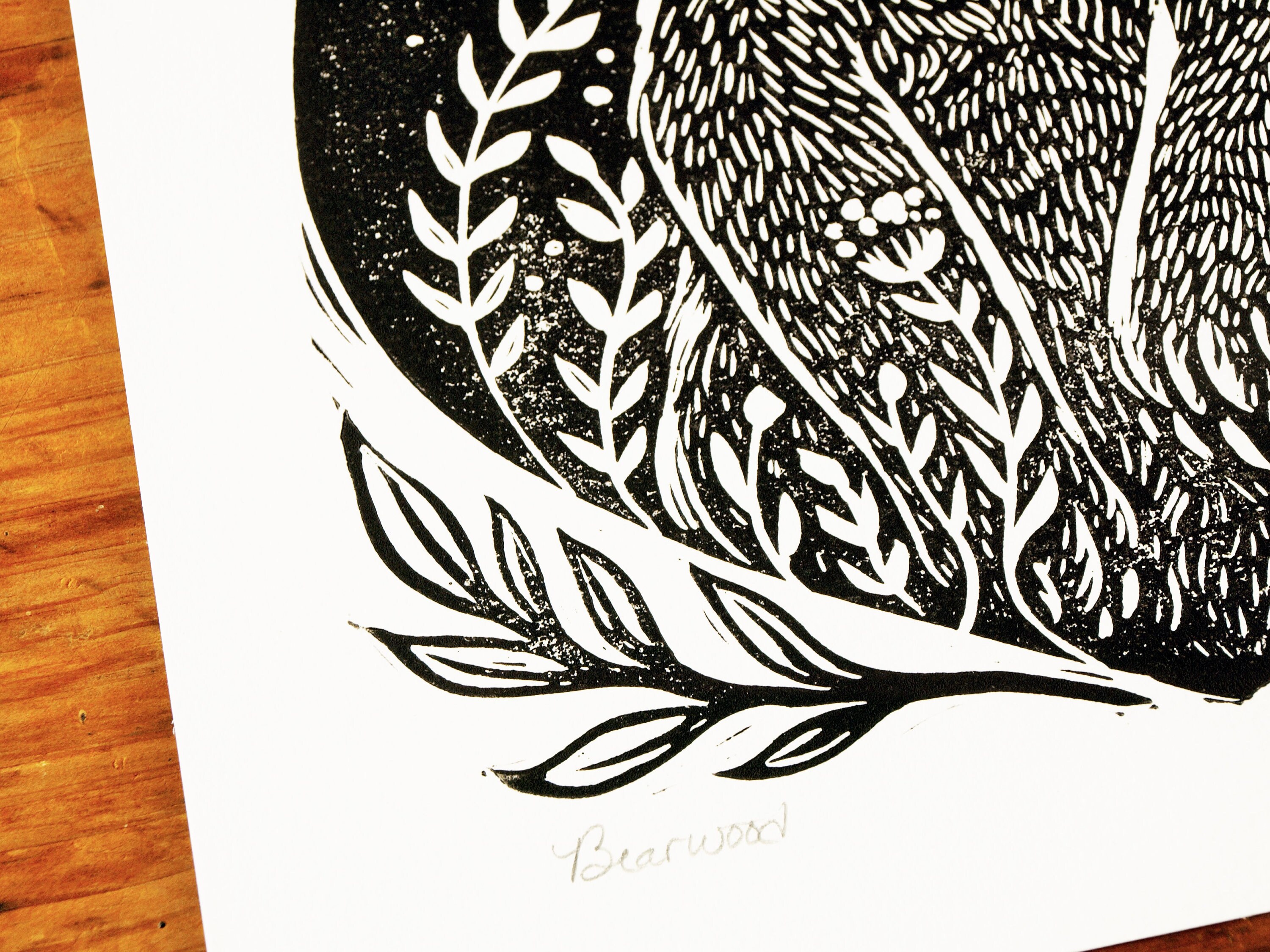 Bearwood Linocut Block Print - Artist Print - Rustic Bear Illustration ...