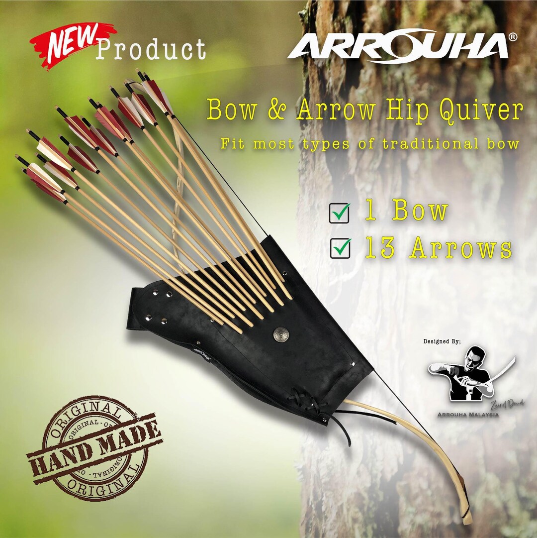 Arrouha Traditional Archery Bow and Arrow Quiver With 13 Arrows Slotted ...