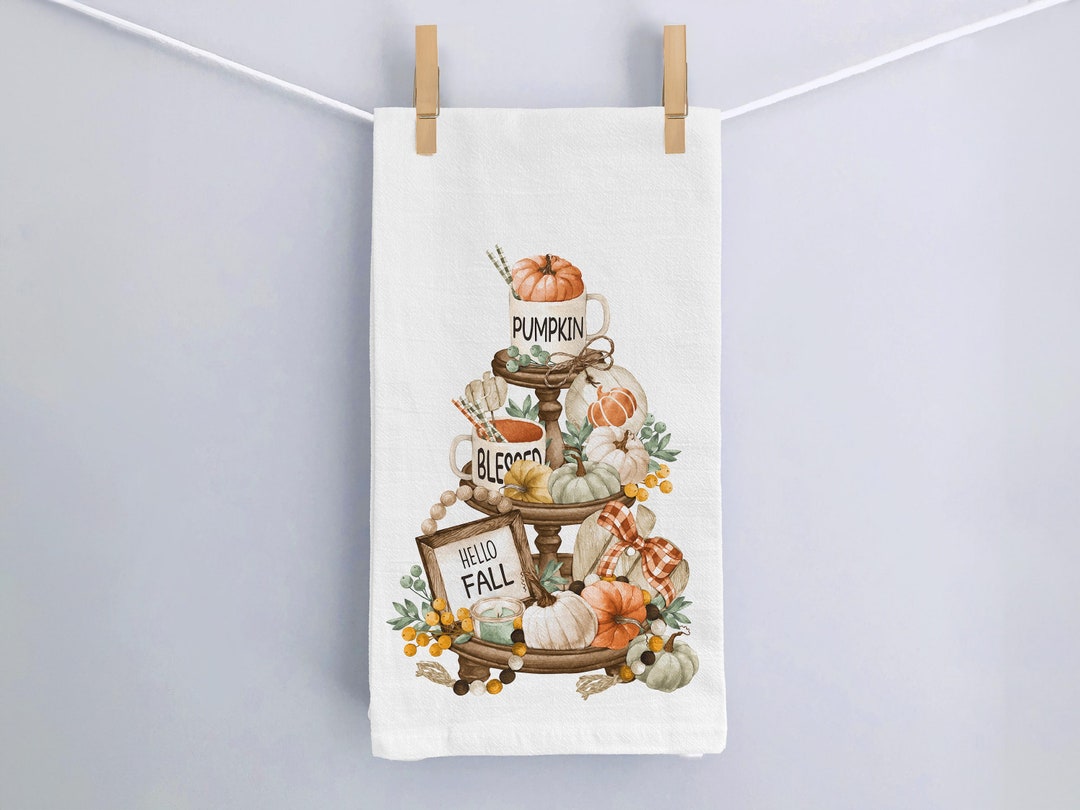 Hello Fall Pumpkin and Mug Tiered Tray Fall Tea Towel - Organic Cotton ...