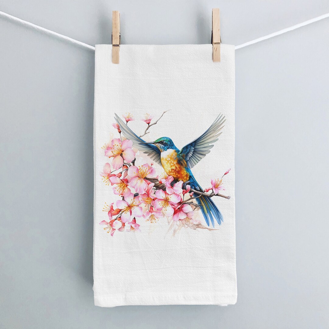 Hummingbird Cherry Blossom Kitchen Towel, Whimsical Wings Decorative ...