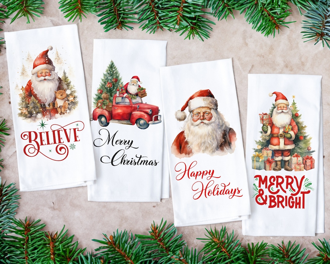 Christmas Santa Kitchen Towel, Merry Christmas Santa Tea Towel Vintage ...