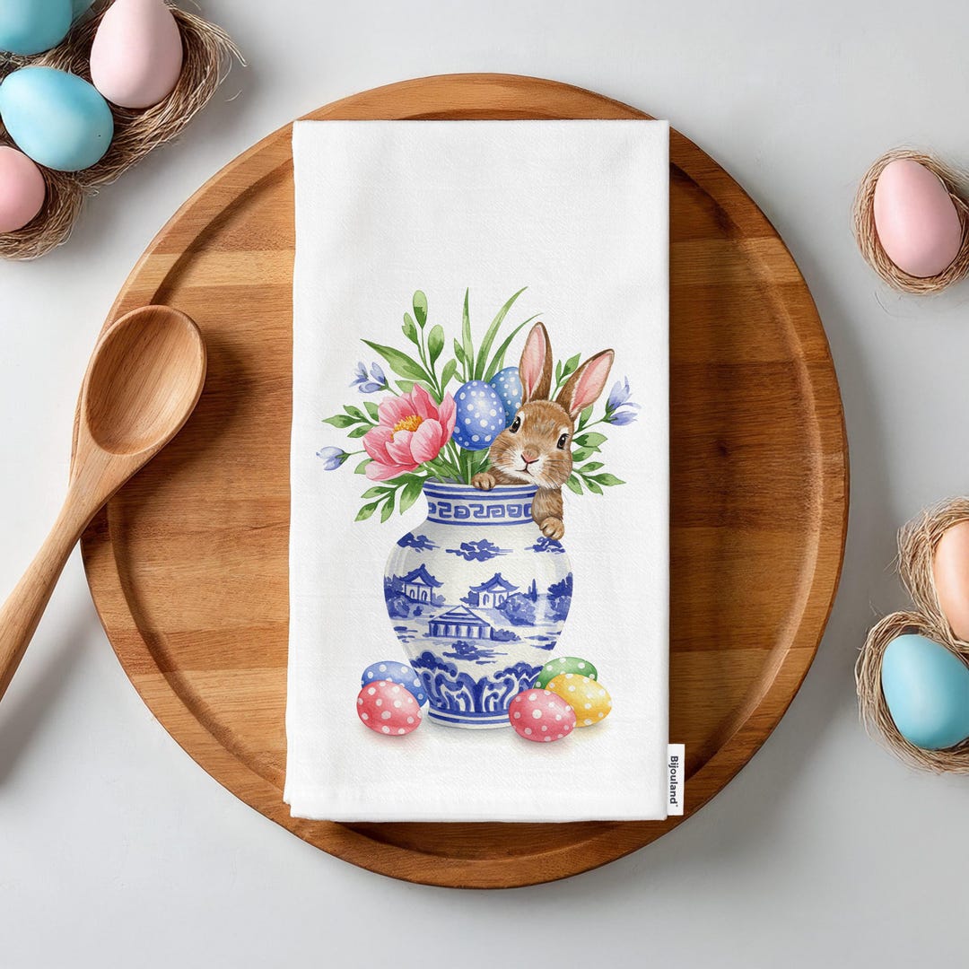 Easter Tea Towel With Bunny Easter Eggs and Chinoiserie Vase - Spring ...