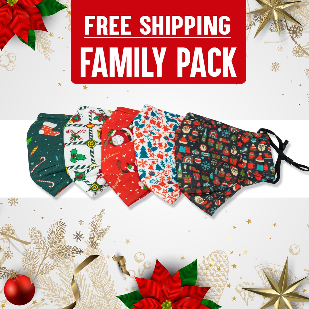 5 Pack Christmas Mask With Nose Wire and Filter Pocket, Winter Holiday ...