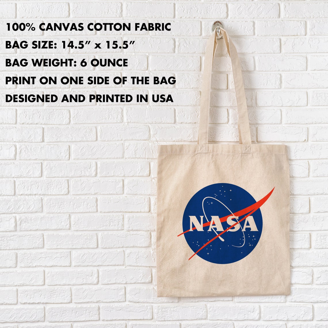 Nasa Tote Bag NASA Worm Tote Bag NASA Logo Cotton Canvas - Etsy