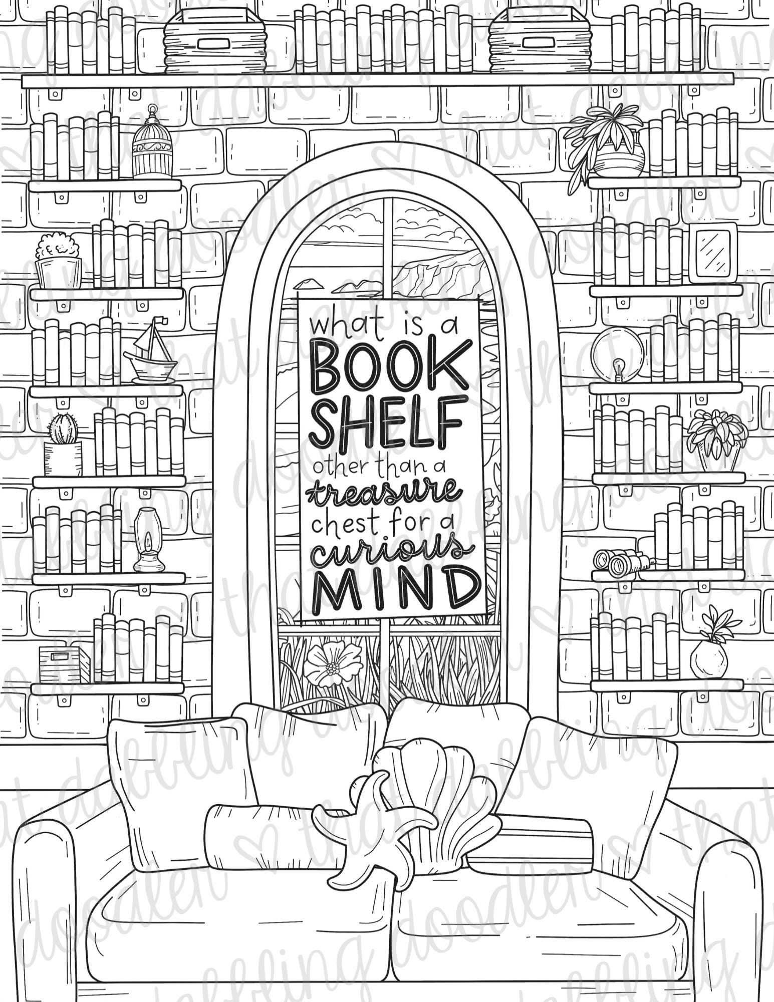 Bookshelf Coloring Page Printable, Book Lover Coloring Page, Cozy ...
