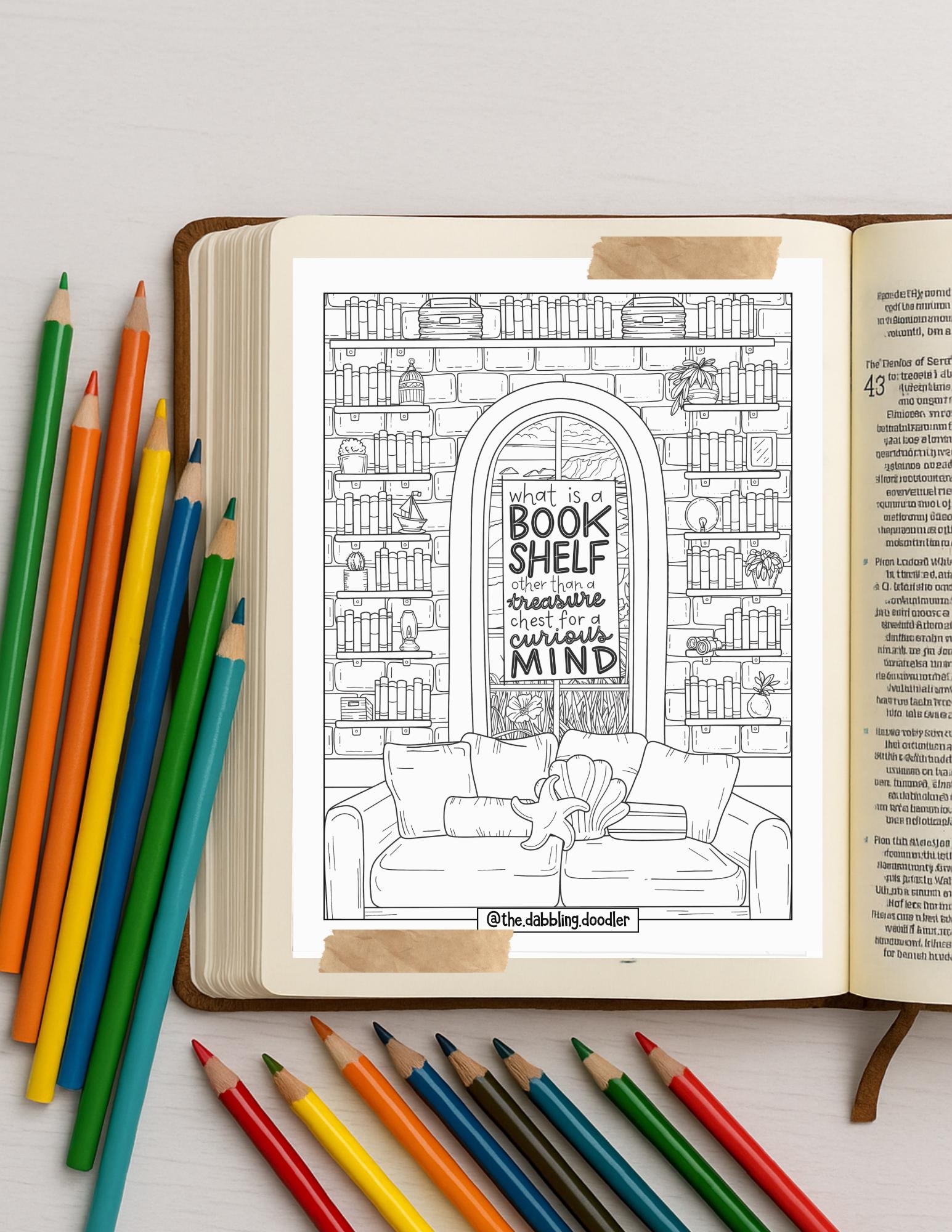 Bookshelf Coloring Page Printable, Book Lover Coloring Page, Cozy ...