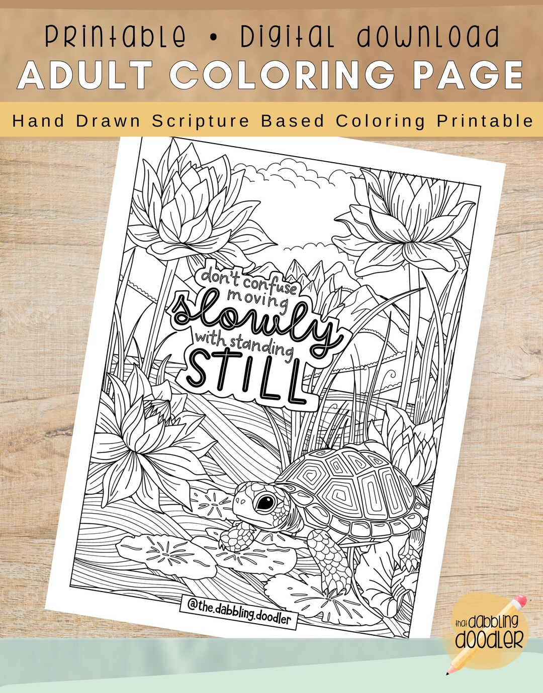 Turtle Quote Coloring Page - Mindfulness Art, Floral Design (digital ...