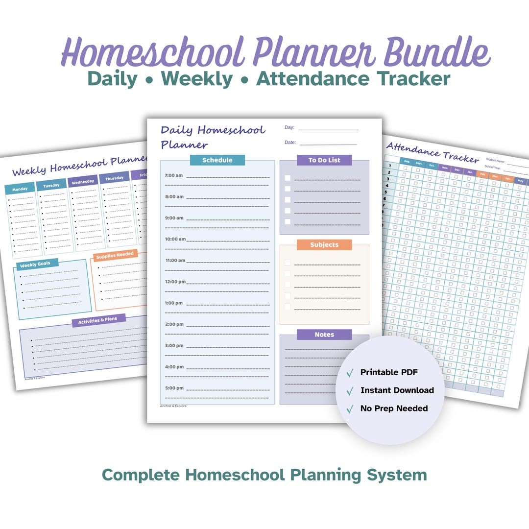 Homeschool Planner Printable Bundle | Daily Weekly Planner + Attendance ...