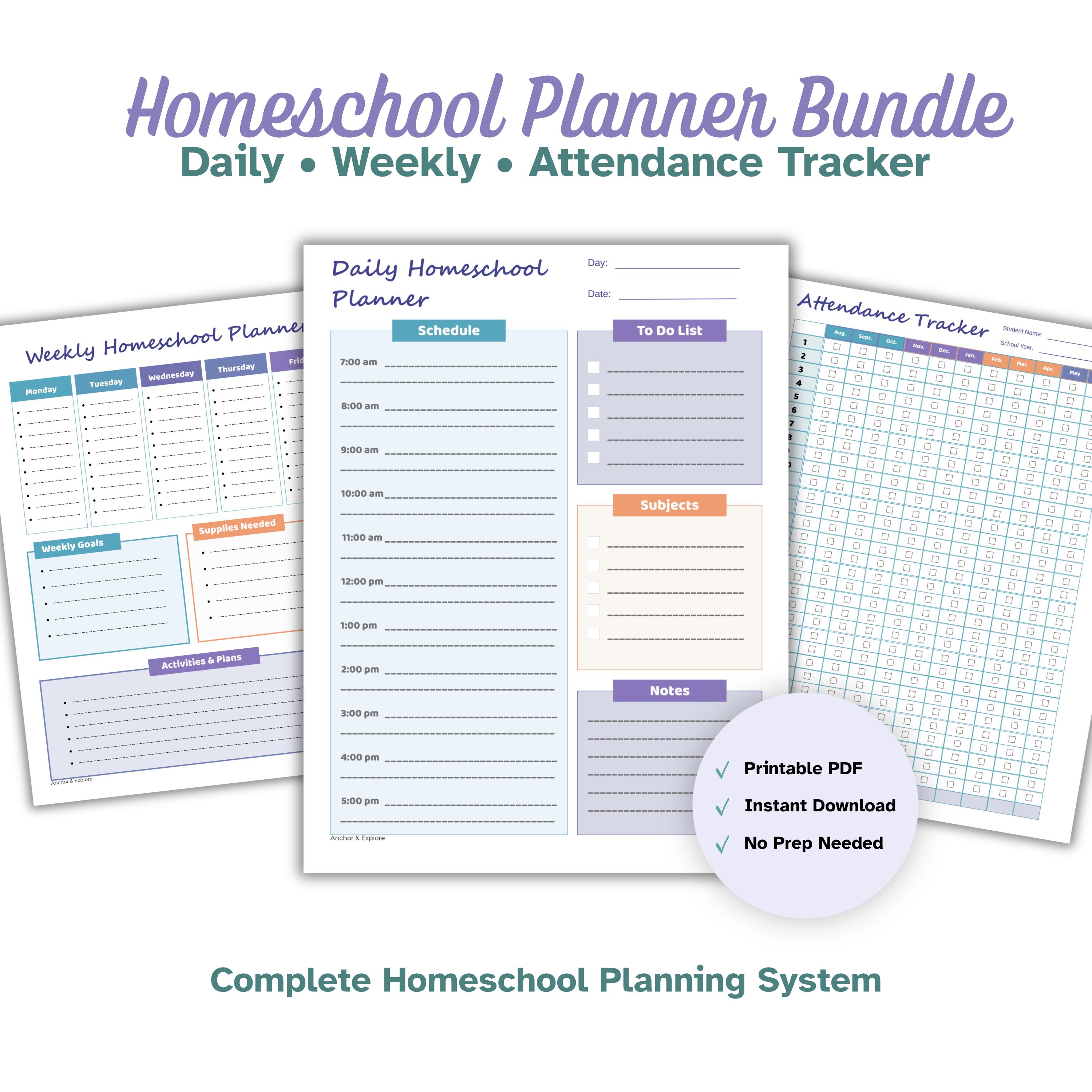 Homeschool Planner Printable Bundle | Daily Weekly Planner + Attendance ...