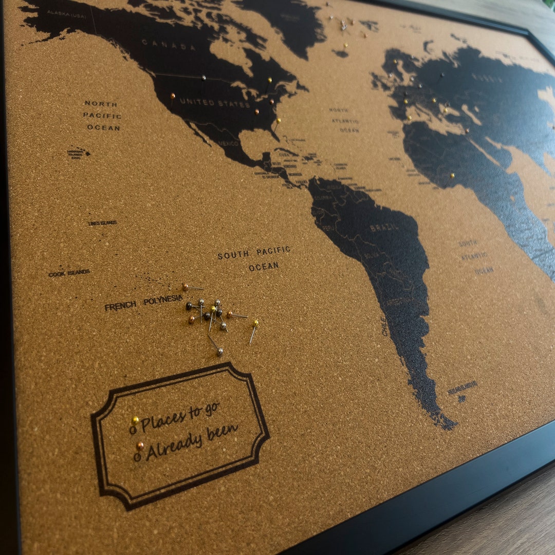 Pinboard World Map, Push Pin World Map, Framed Cork World Map, Pin ...
