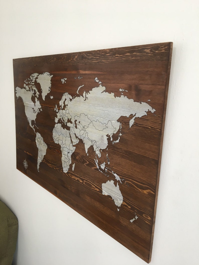 Wooden World Map Pine Tree Available Personalization - Etsy
