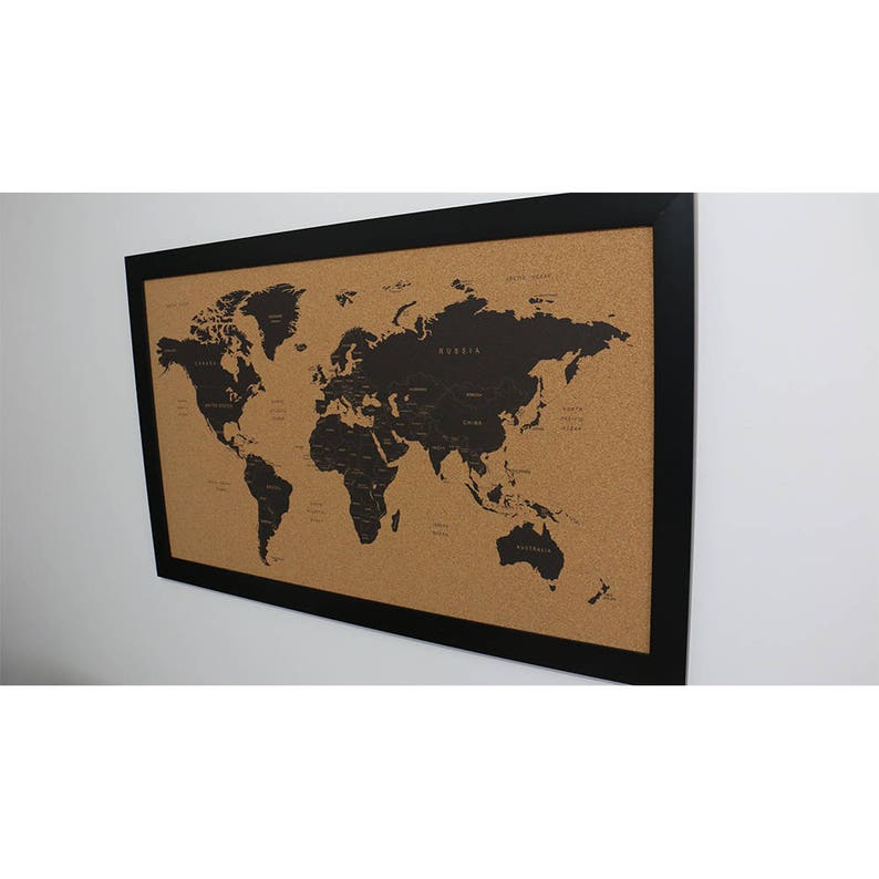 Cork World Map All Black Map Push Pins Travellers Map Gift | Etsy
