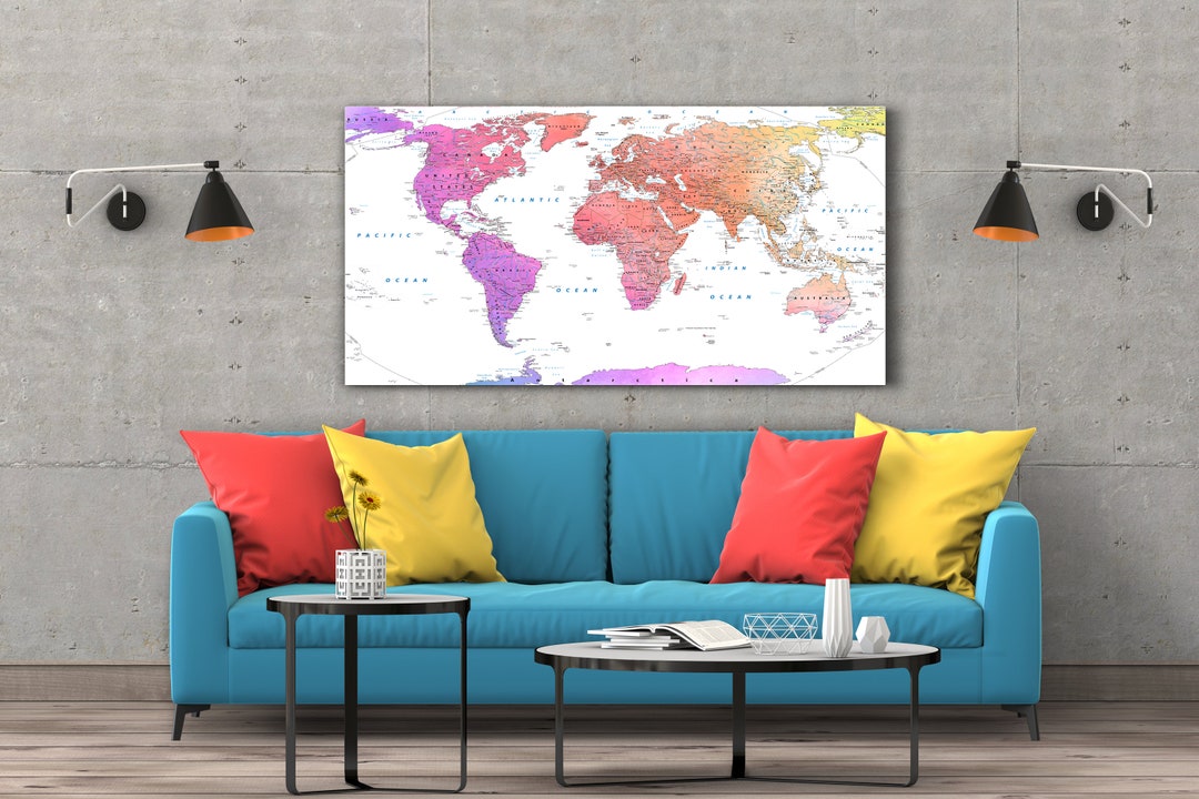 Canvas World Map, Detailed World Map Canvas, Pink World Map, Purple ...