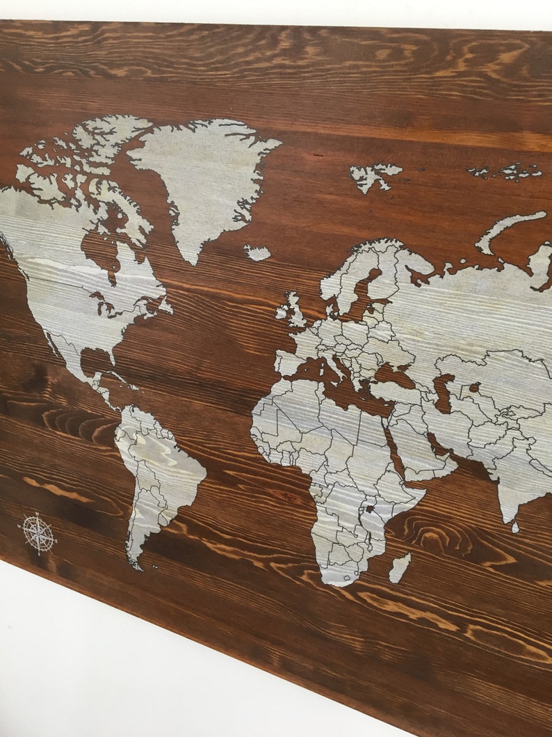 Wooden World Map Pine Tree Available Personalization - Etsy