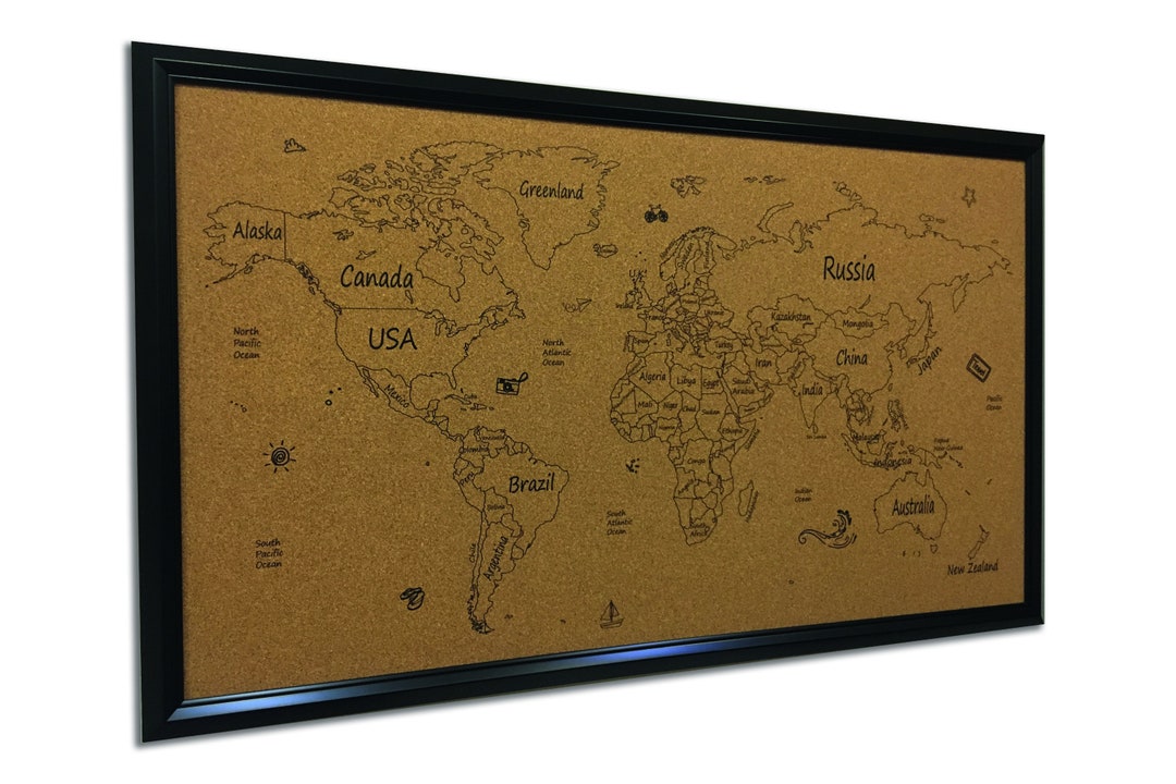 Cork World Map, Framed World Map, Ready to Hang World Map, Push Pins ...