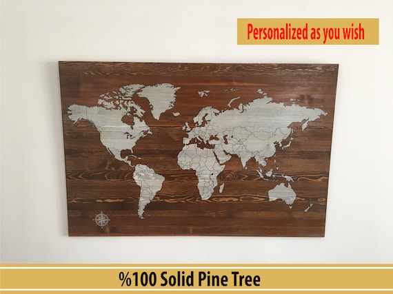 Wooden World Map Pine Tree Available Personalization | Etsy
